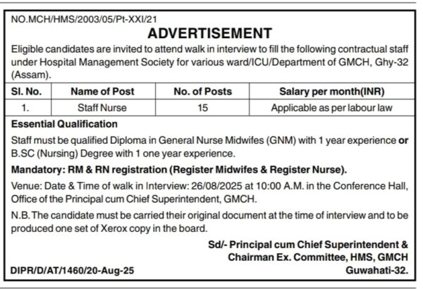GMCH Staff Nurse Recruitment 2025: 15 Vacancies - Edu Axom Plus
